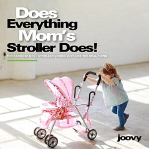 Joovy Toy Caboose Baby Doll Stroller Featuring Reclining Front Seat, Adjustable Footrest, Storage Basket, Extendable Canopy, and Snack Tray - Holds 3 Dolls (Pink Dot)