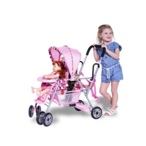 joovy toy caboose baby doll stroller featuring reclining front seat, adjustable footrest, storage basket, extendable canopy, and snack tray - holds 3 dolls (pink dot)