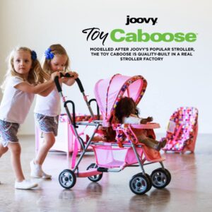 Joovy Toy Caboose Baby Doll Stroller Featuring Reclining Front Seat, Adjustable Footrest, Storage Basket, Extendable Canopy, and Snack Tray - Holds 3 Dolls (Pink Dot)