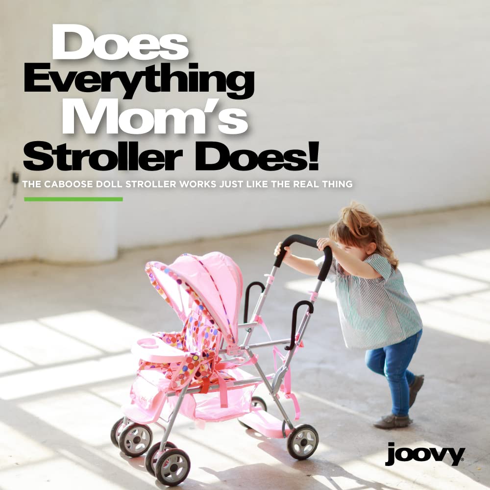 Joovy Toy Caboose Baby Doll Stroller Featuring Reclining Front Seat, Adjustable Footrest, Storage Basket, Extendable Canopy, and Snack Tray - Holds 3 Dolls (Pink Dot)