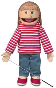 25" emily, peach girl, full body, ventriloquist style puppet