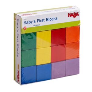 HABA Baby's First Basic Block Set - 12 Colorful Wooden Cubes (Made in Germany)