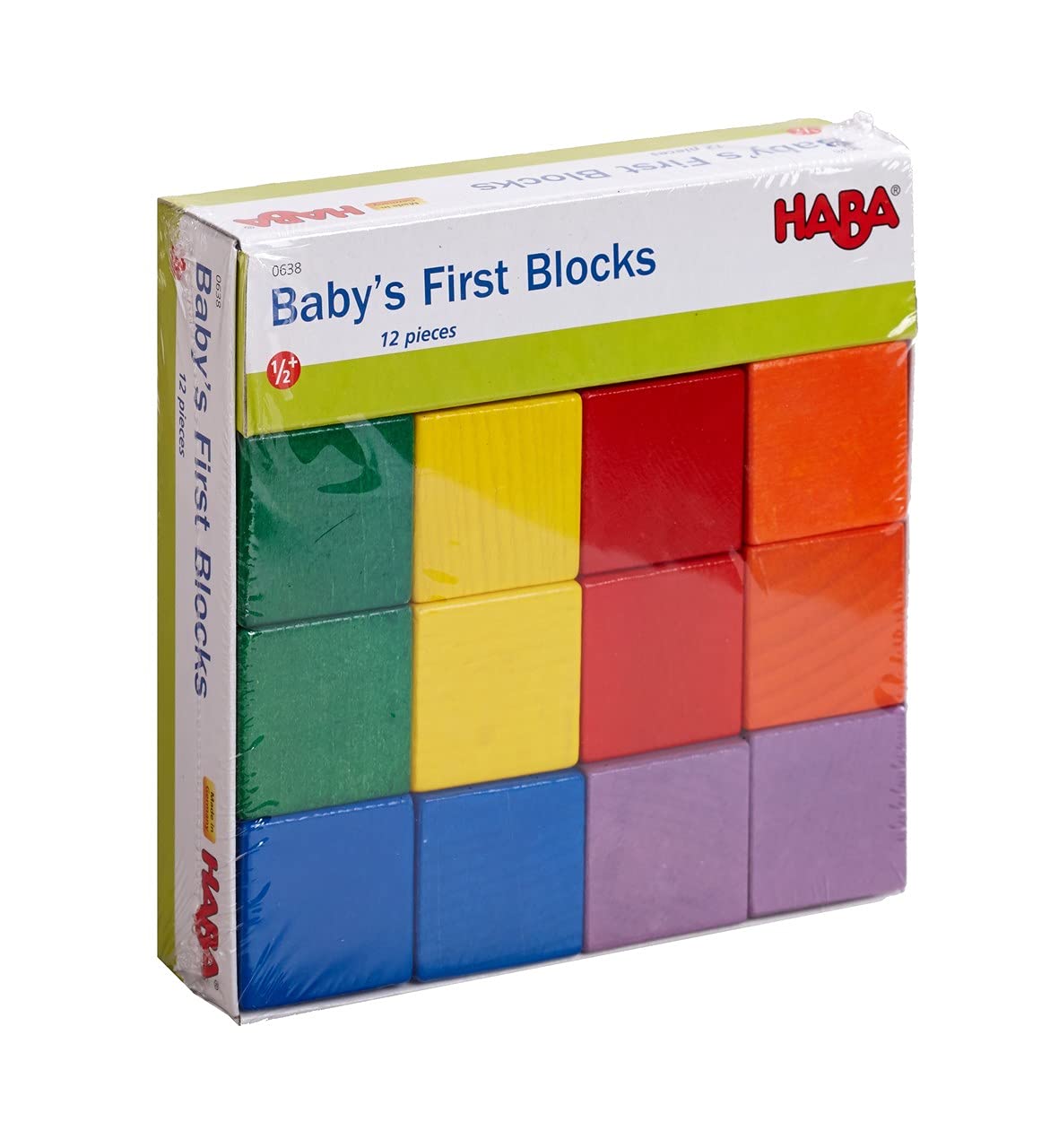 HABA Baby's First Basic Block Set - 12 Colorful Wooden Cubes (Made in Germany)