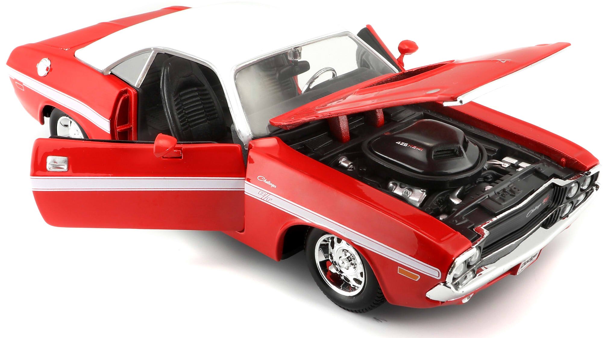 1970 Dodge Challenger R/T Coupe Red with White Top and White Stripes 1/24 Diecast Model Car by Maisto