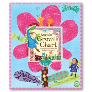 eeboo: hot pink flower growth chart, measurements come in both inches and centimeters, 20 different stickers included, easily hangs with attached gross grain ribbon