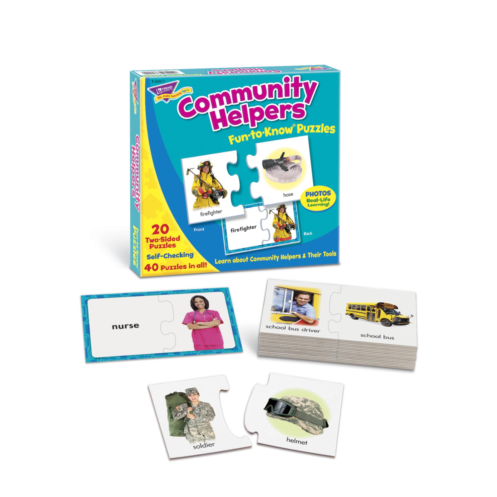 Trend Enterprises: Fun-to-Know Puzzles: Community Helpers, Learn About Community Helpers & Their Tools, 20 Two-Sided Puzzles, Self-Checking, 40 Puzzles Total, for Ages 3 and Up