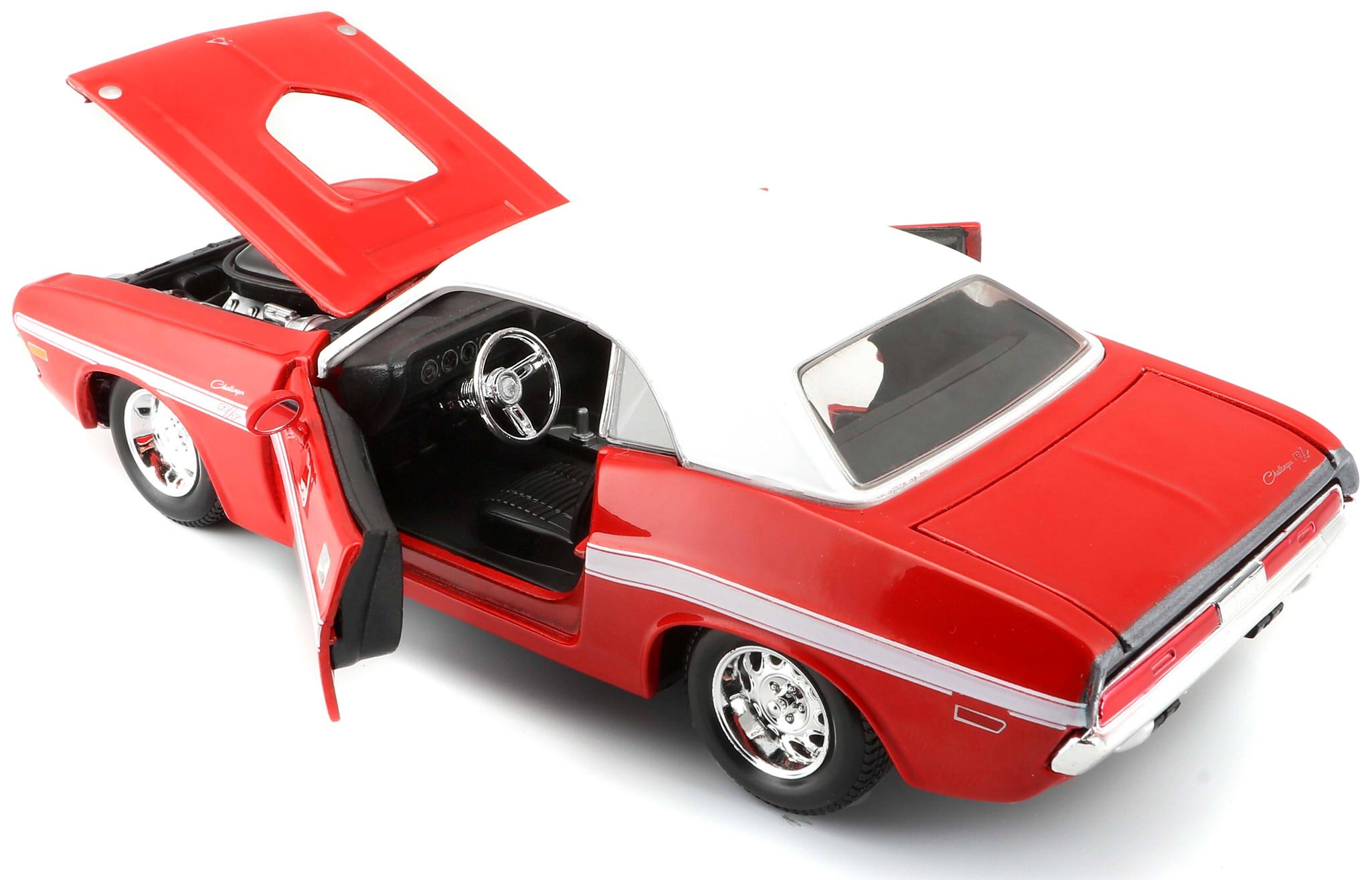 1970 Dodge Challenger R/T Coupe Red with White Top and White Stripes 1/24 Diecast Model Car by Maisto