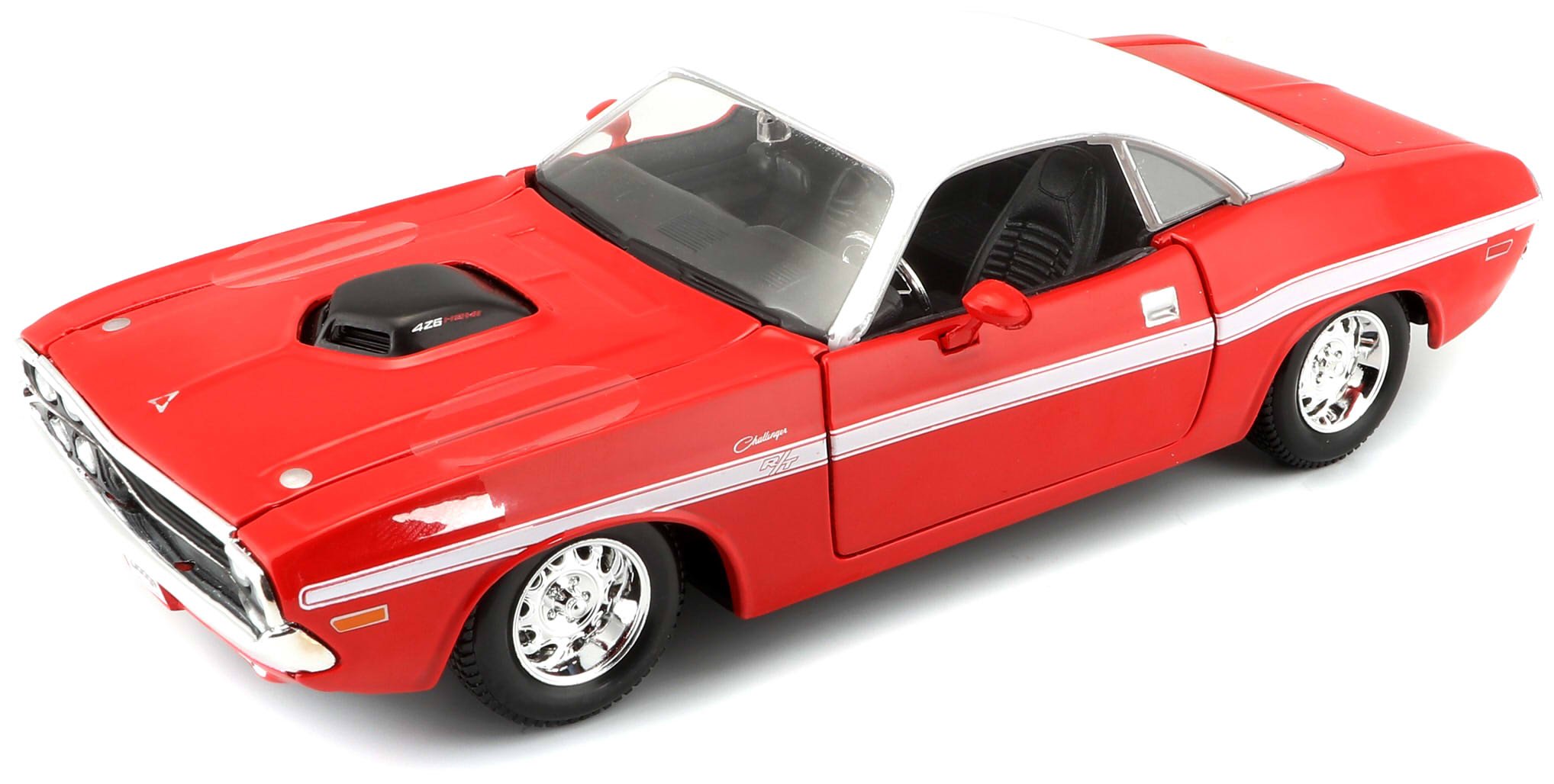 1970 Dodge Challenger R/T Coupe Red with White Top and White Stripes 1/24 Diecast Model Car by Maisto