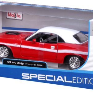 1970 Dodge Challenger R/T Coupe Red with White Top and White Stripes 1/24 Diecast Model Car by Maisto