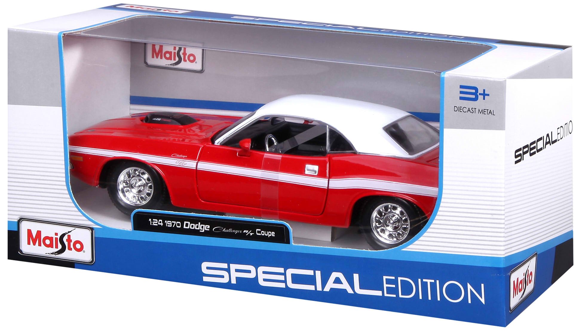 1970 Dodge Challenger R/T Coupe Red with White Top and White Stripes 1/24 Diecast Model Car by Maisto