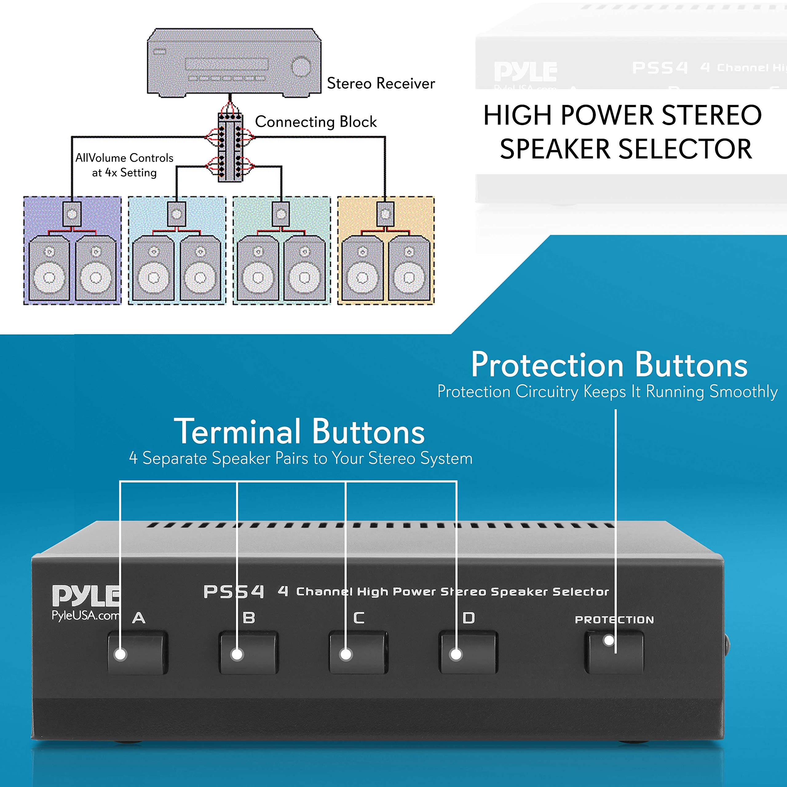 Pyle 4-Zone Channel Speaker Switch Selector - Premium New & Improved Switch Box Hub, Distribution Box for Multi-Channel High Powered Stereo Amp A/B/C/D Switches, 4 Pairs Of Speakers, Black