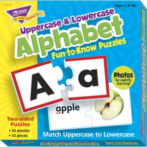 trend enterprises: fun-to-know puzzles: uppercase & lowercase alphabet, learn letter & case recognition, 26 two-sided puzzles, self-checking, 52 puzzles total, for ages 3 and up