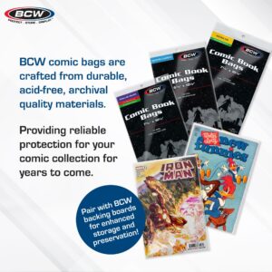 BCW Thick Silver Age Comic Bags - 100 ct | Archival Quality, Acid-Free Protection for Silver Age Comic Books | 7 1/4 x 10 1/2 inches Comic Collection Storage Comic Books Bags