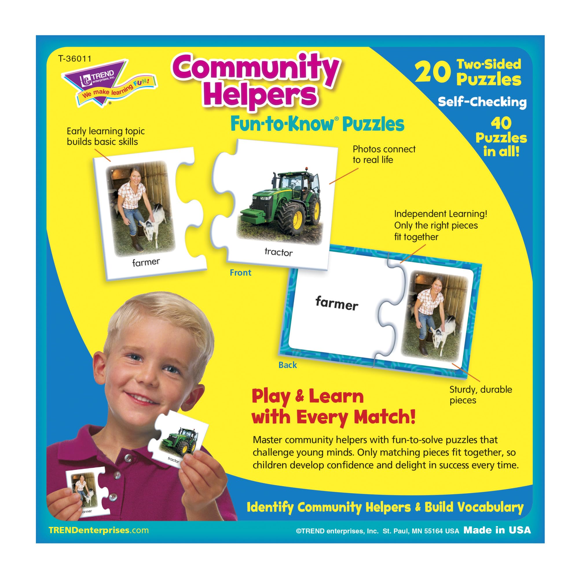 Trend Enterprises: Fun-to-Know Puzzles: Community Helpers, Learn About Community Helpers & Their Tools, 20 Two-Sided Puzzles, Self-Checking, 40 Puzzles Total, for Ages 3 and Up