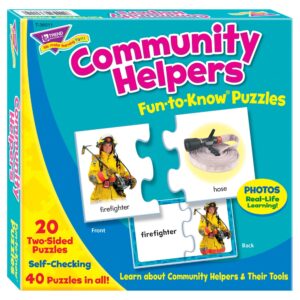 trend enterprises: fun-to-know puzzles: community helpers, learn about community helpers & their tools, 20 two-sided puzzles, self-checking, 40 puzzles total, for ages 3 and up