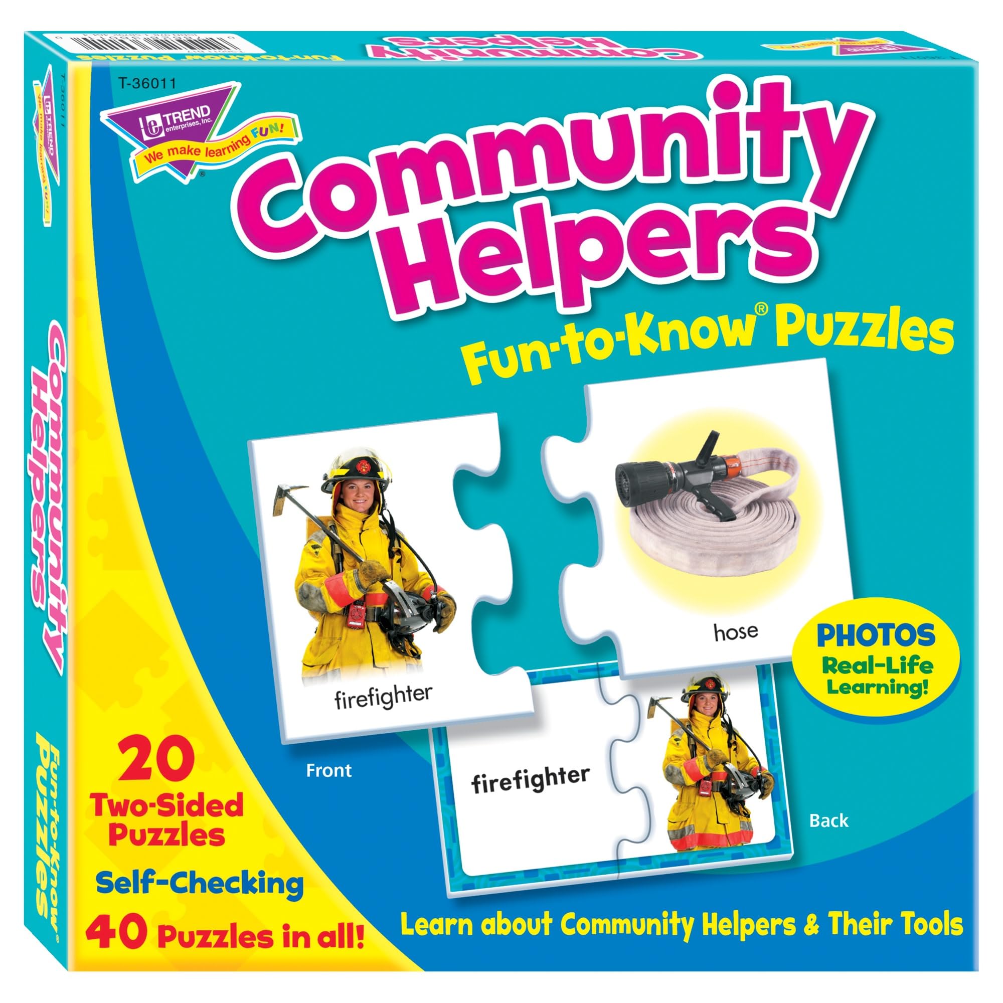 Trend Enterprises: Fun-to-Know Puzzles: Community Helpers, Learn About Community Helpers & Their Tools, 20 Two-Sided Puzzles, Self-Checking, 40 Puzzles Total, for Ages 3 and Up