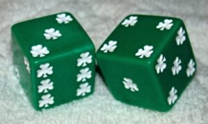 1" huge green with white shamrocks opaque dice pair