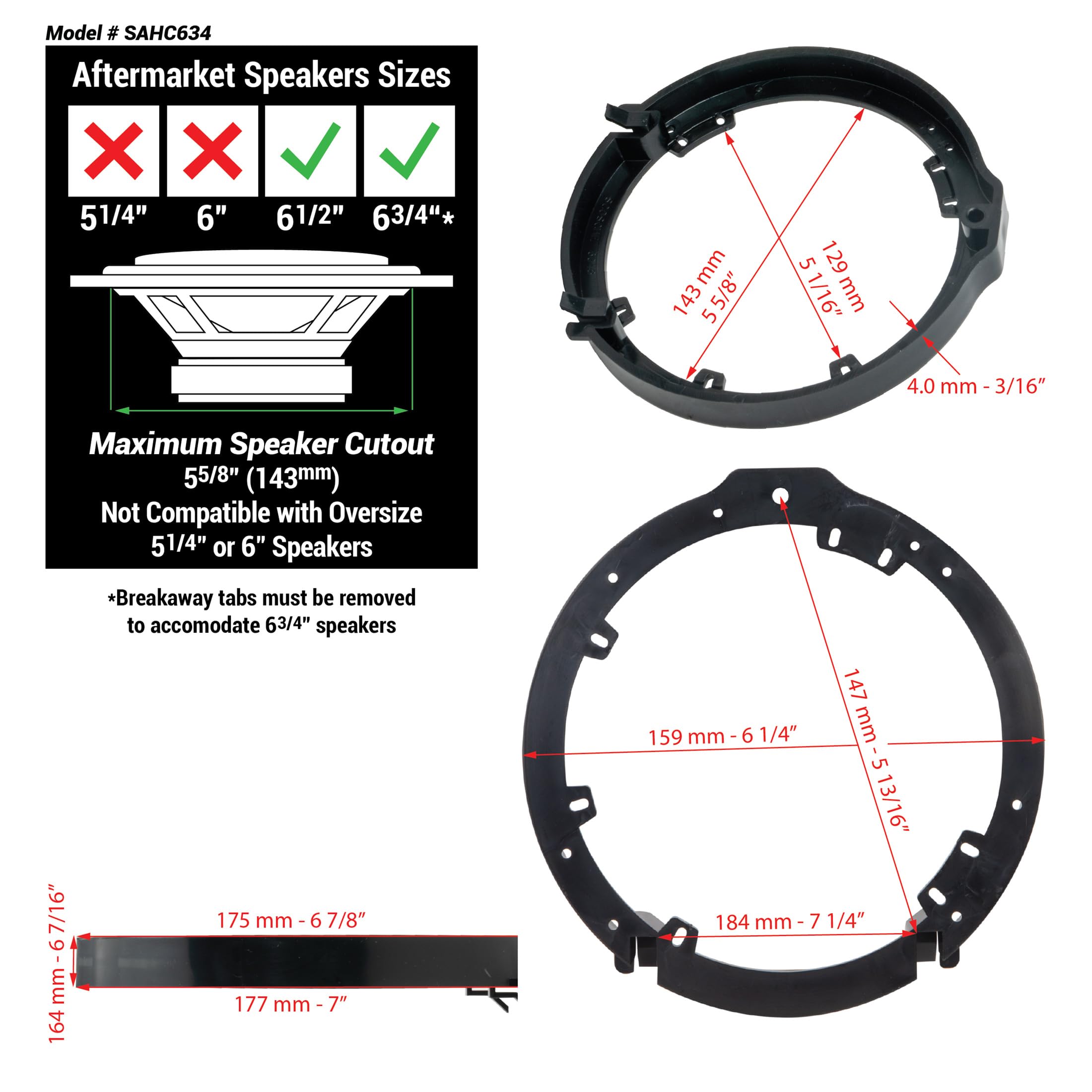 Scosche Compatible with Select 2007 to 2019 Acura & 2006 to 2017 Honda Vehicles 6.5” - 6.75” Speaker Adapters (1 Pair) SAHC634