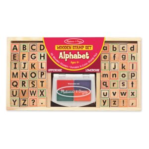 melissa & doug wooden alphabet stamp set - 56 stamps with lower-case and capital letters - preschool writing toys, abc stamps, kids arts & crafts, letter stamps for kids ages 4+