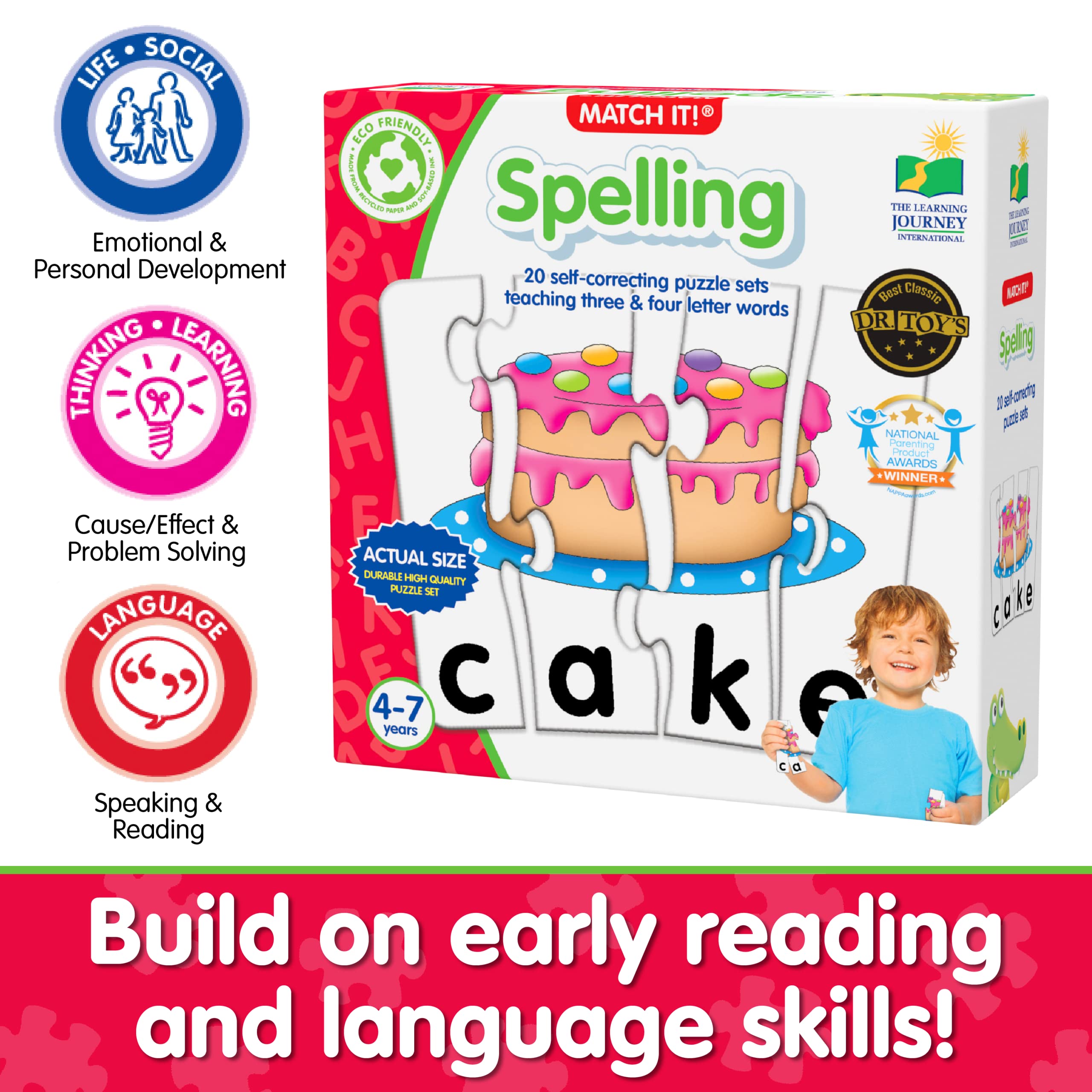 The Learning Journey: Match It! - Spelling - 20 Piece Self-Correcting Spelling Puzzle for Three and Four Letter Words with Matching Images - Learning Toys for 4 Year Olds - Award Winning Toys