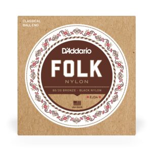 D'Addario Guitar Strings - Folk Nylon Guitar Strings - EJ34 Classical Guitar Strings - Nylon Core, Ball End - 80/20 Bronze Wrap, Black Nylon Trebles