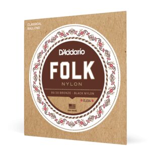 d'addario guitar strings - folk nylon guitar strings - ej34 classical guitar strings - nylon core, ball end - 80/20 bronze wrap, black nylon trebles