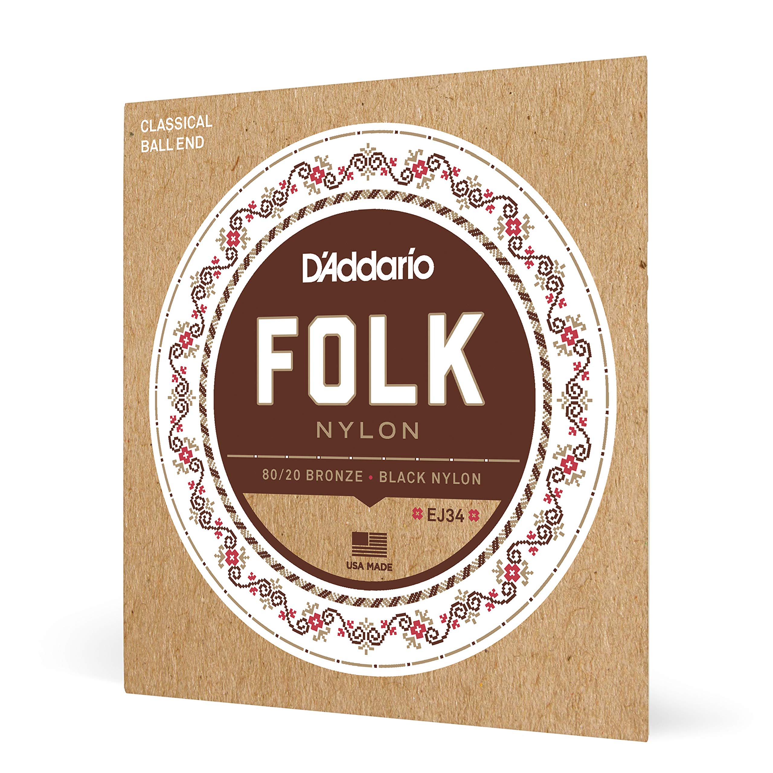 D'Addario Guitar Strings - Folk Nylon Guitar Strings - EJ34 Classical Guitar Strings - Nylon Core, Ball End - 80/20 Bronze Wrap, Black Nylon Trebles