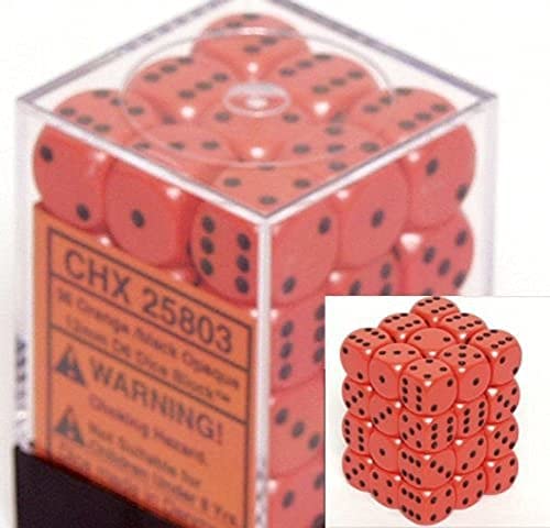 Chessex Dice d6 Sets: Opaque Orange with Black - 12mm Six Sided Die (36) Block of Dice