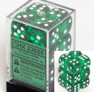 chessex dice d6 sets: green with white translucent - 16mm six sided die (12) block of dice