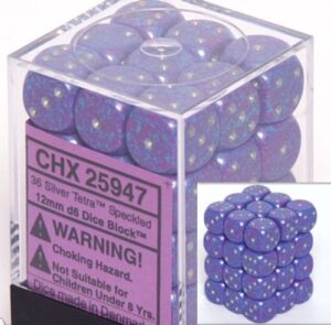 chessex dice d6 sets: silver tetra speckled - 12mm six sided die (36) block of dice