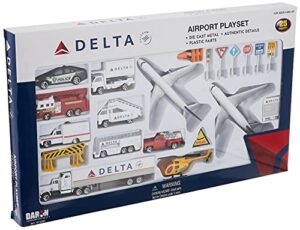 daron delta air lines large airport playset with die-cast metal model airplane with plastic parts, cars and transportation toys for kids ages 3+