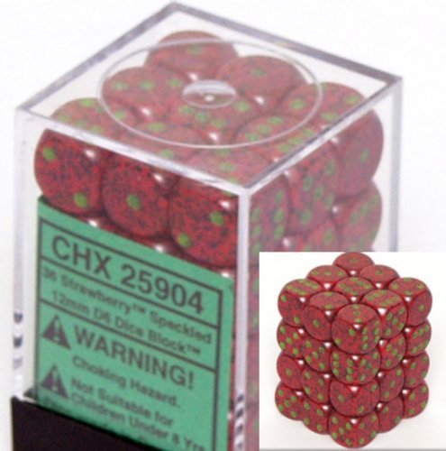 Chessex Dice d6 Sets: Strawberry Speckled - 12mm Six Sided Die (36) Block of Dice