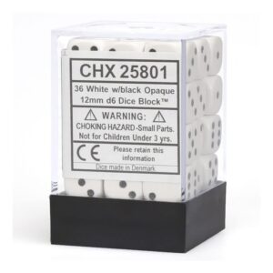 Chessex Opaque 12mm d6 White w/Black Dice Block 36 Dice