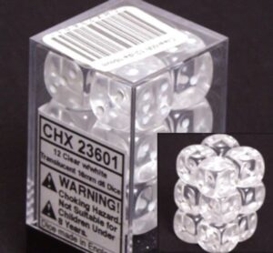 chessex dice d6 sets: clear with white translucent - 16mm six sided die (12) block of dice