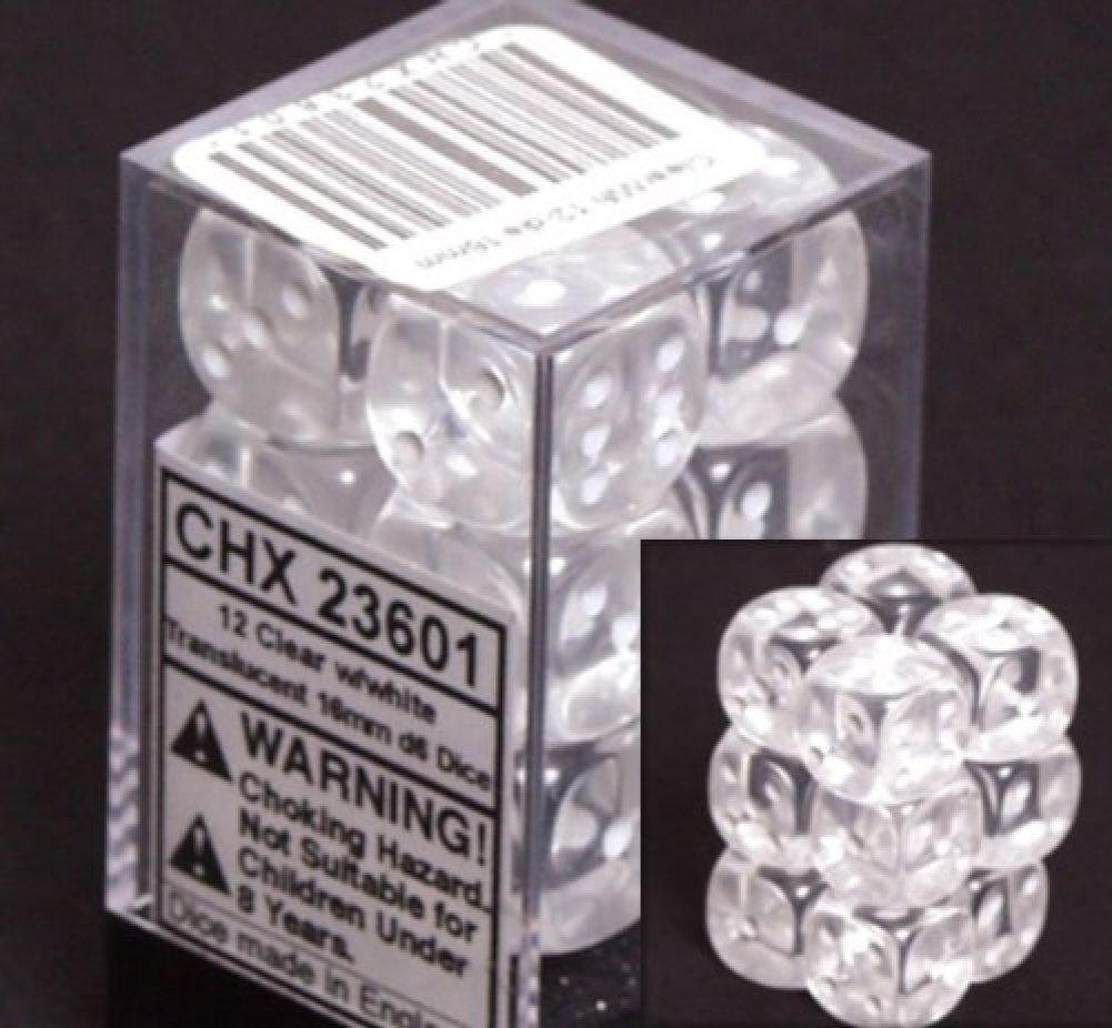 Chessex Dice d6 Sets: Clear with White Translucent - 16mm Six Sided Die (12) Block of Dice