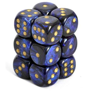 chessex dice d6 sets: scarab royal blue with gold - 16mm six sided die (12) block of dice