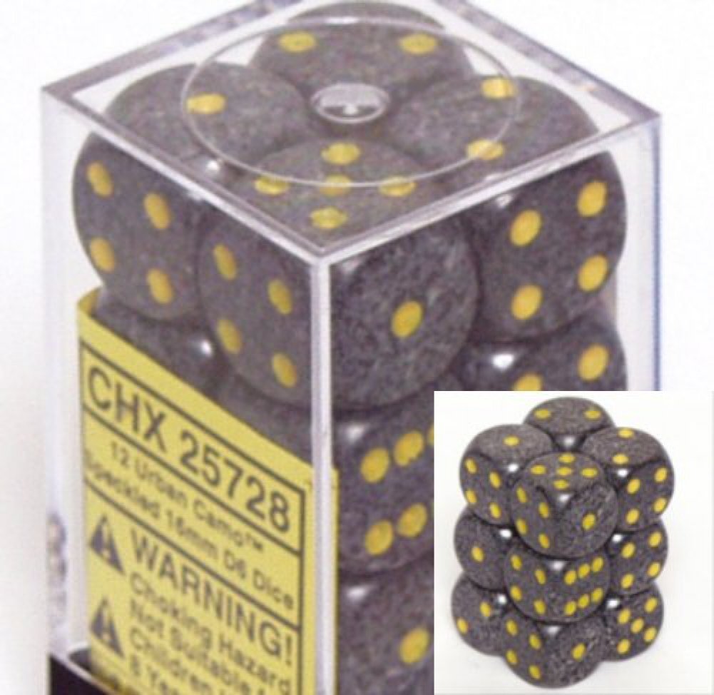 Chessex Dice d6 Sets: Urban Camo Speckled - 16mm Six Sided Die (12) Block of Dice