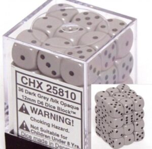 chessex dice d6 sets: opaque grey / gray with black - 12mm six sided die (36) block of dice