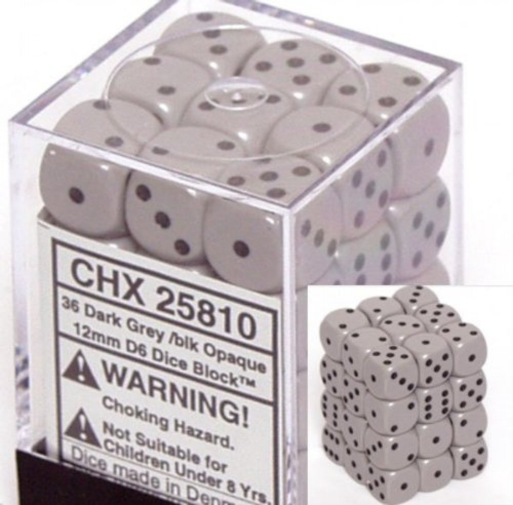 Chessex Dice d6 Sets: Opaque Grey / Gray with Black - 12mm Six Sided Die (36) Block of Dice