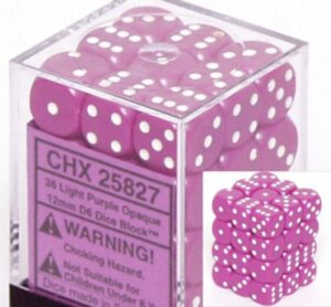 chessex dice d6 sets: opaque light purple with white - 12mm six sided die (36) block of dice