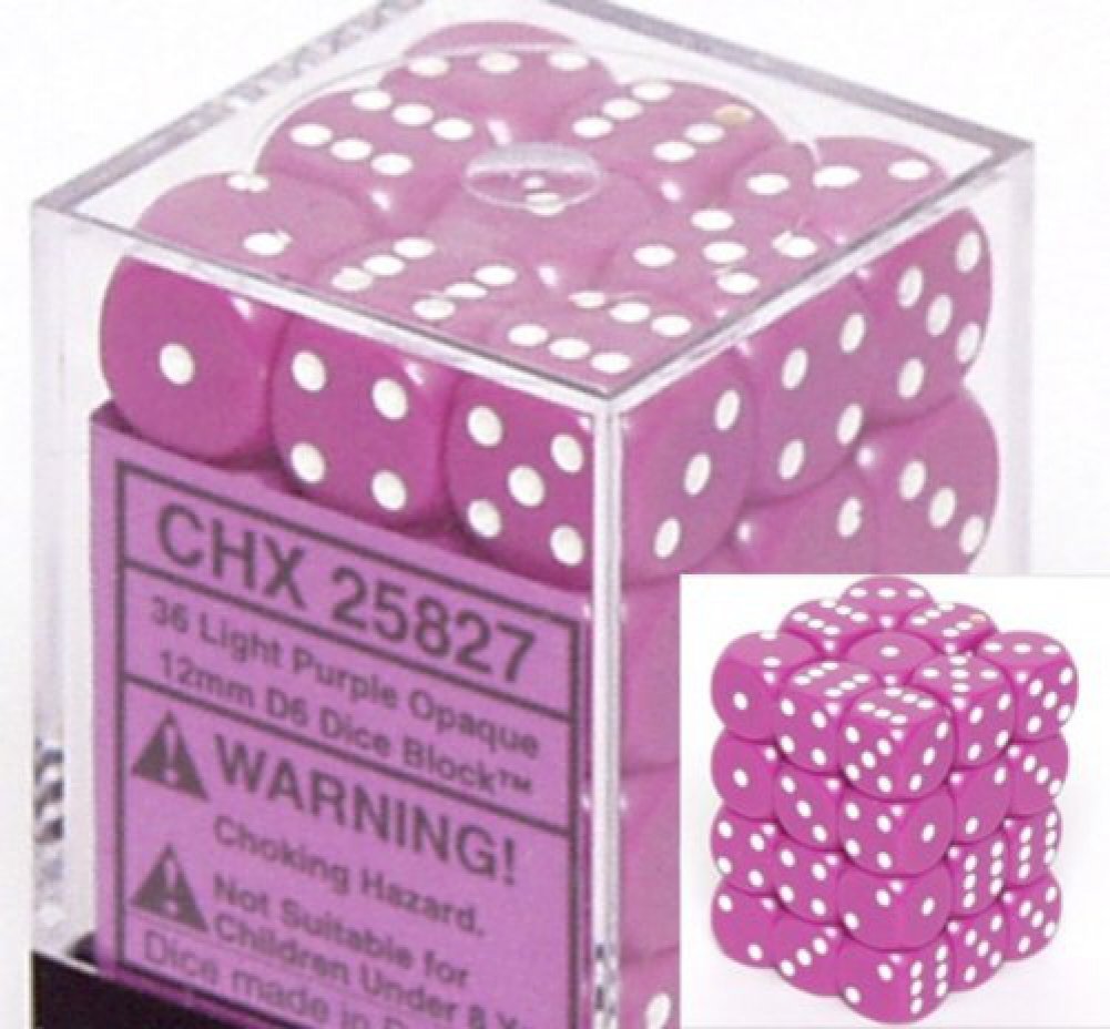 Chessex Dice d6 Sets: Opaque Light Purple with White - 12mm Six Sided Die (36) Block of Dice