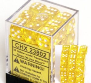 yellow with white spots translucent 12mm 6 sided dice 36