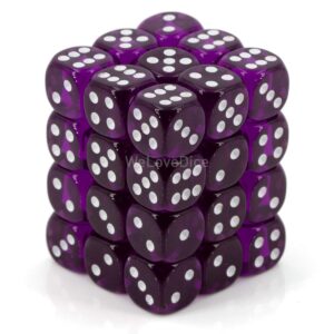 chessex dice d6 sets: purple with white translucent - 12mm six sided die (36) block of dice