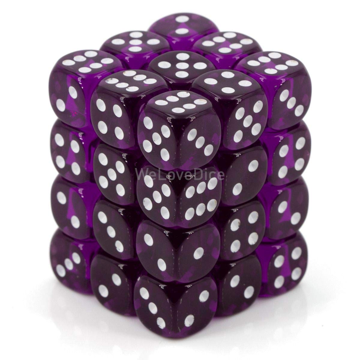 Chessex Dice D6 Sets: Purple with White Translucent - 12Mm Six Sided Die (36) Block of Dice