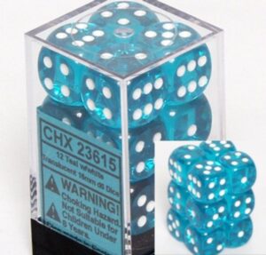 chessex translucent 16mm d6 teal w/white dice block 12 pipped dice