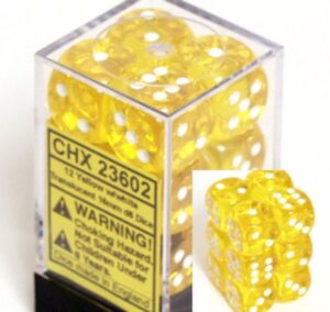 chessex dice d6 sets: yellow with white translucent - 16mm six sided die (12) block of dice