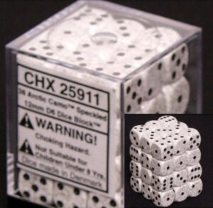 chessex dice d6 sets: arctic camo speckled - 12mm six sided die (36) block of dice