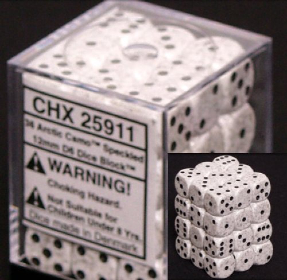 Chessex Dice d6 Sets: Arctic Camo Speckled - 12mm Six Sided Die (36) Block of Dice