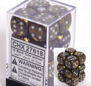 chessex dice d6 sets: leaf black & gold with silver - 16mm six sided die (12) block of dice chx-27618