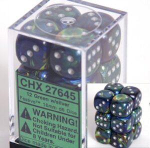 chessex dice d6 sets: festive green with silver (blue-green) - 16mm six sided die (12) block of dice